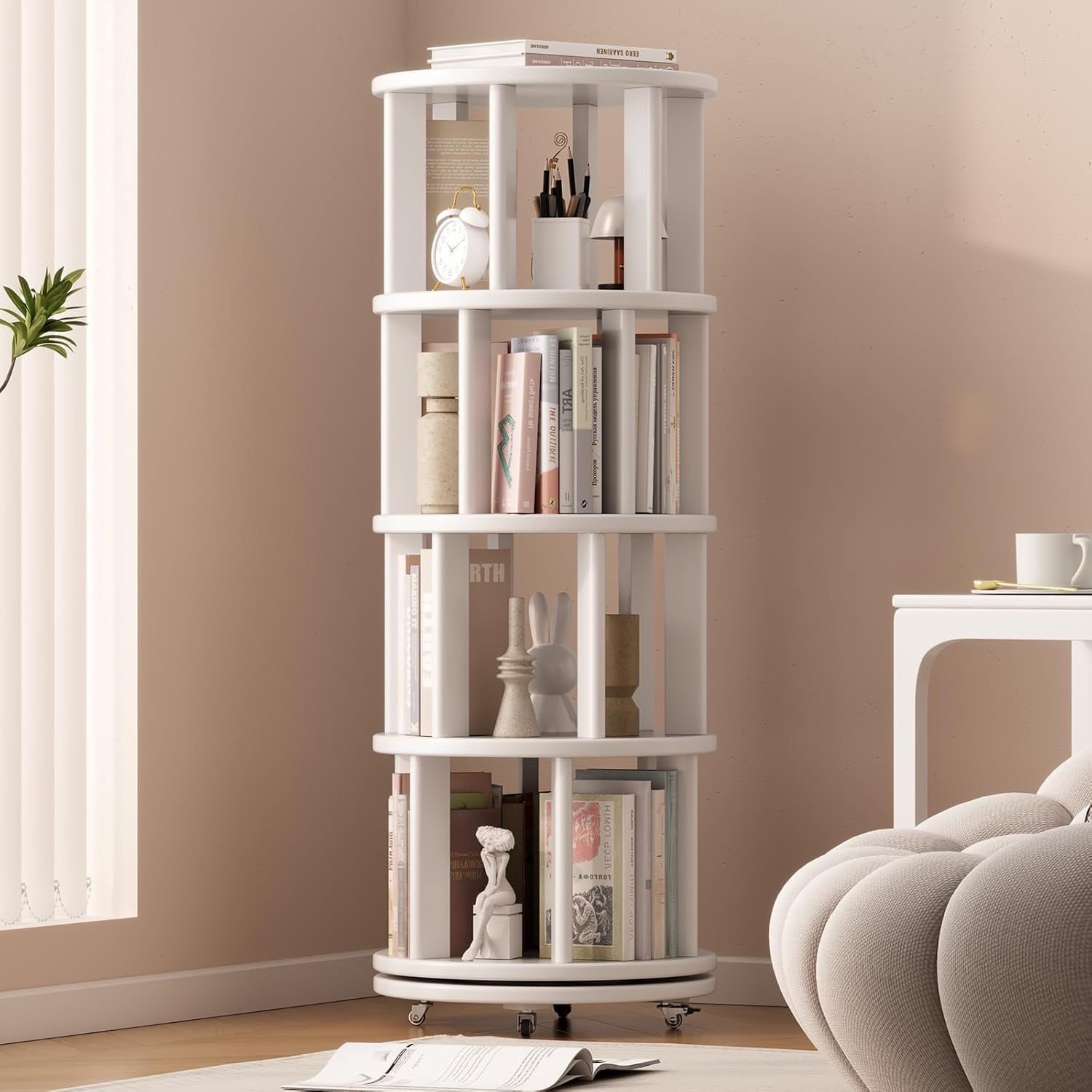 Solid Wood Rotating Bookshelf with Brake Wheels, 360°Display 4 Tier ...