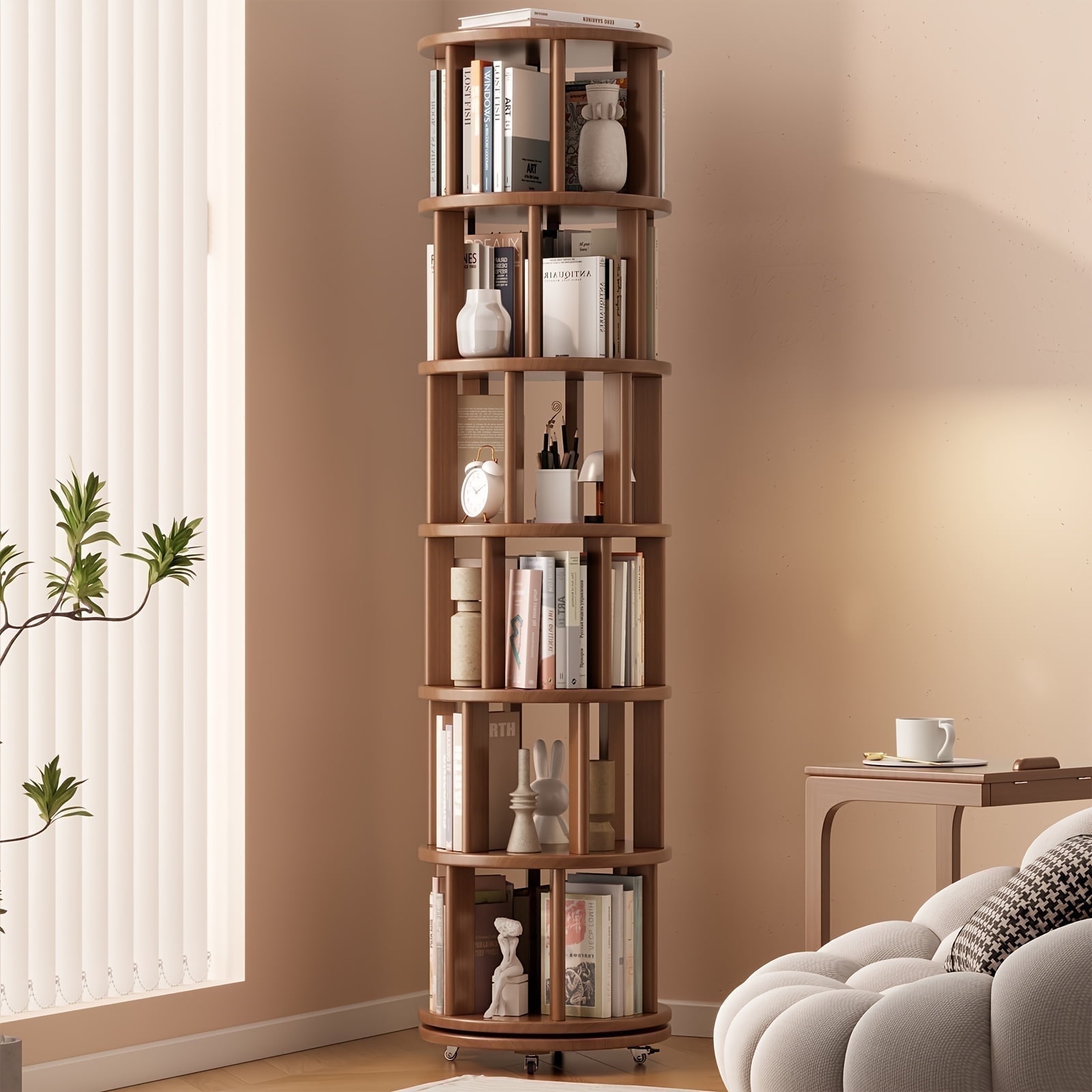 KASLANDI 6 Tier Rotating Bookshelf with Wheels, 360° Display Floor ...