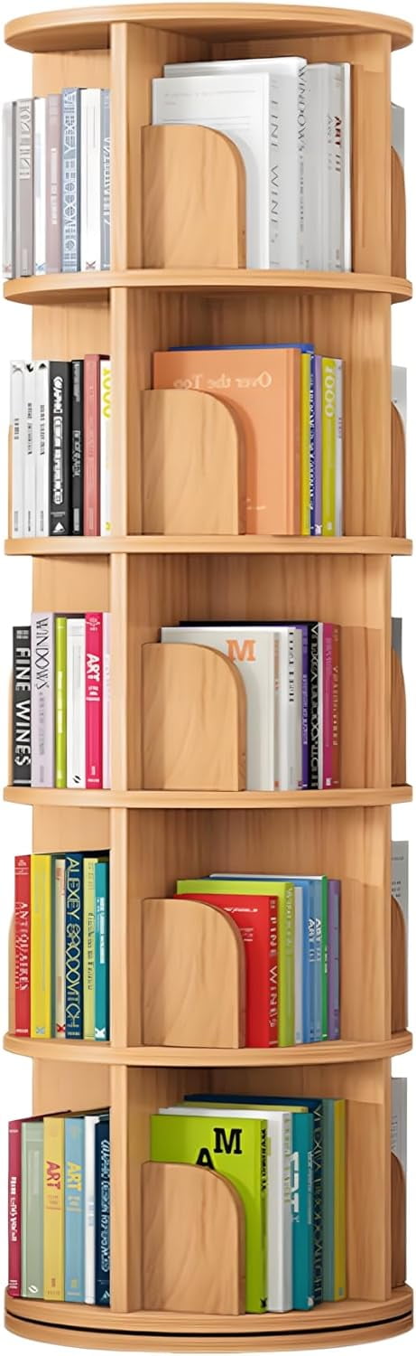 Solid Wood Rotating Bookshelf Tower, 5 Tier 360° Display Stackable ...