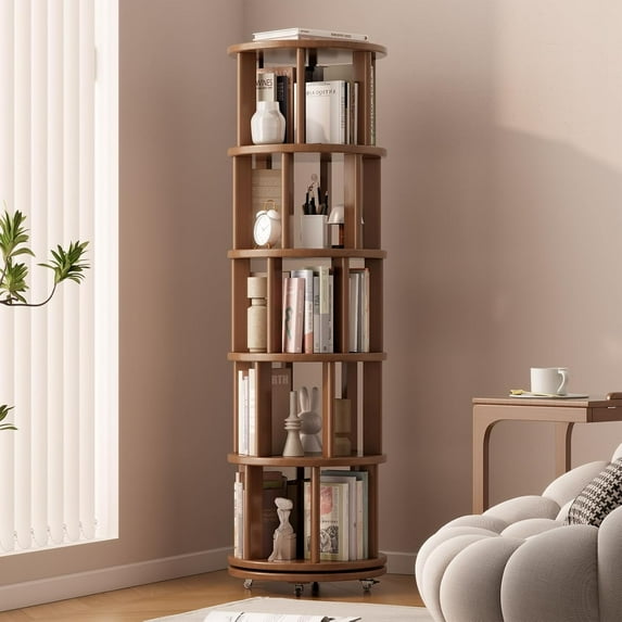 Solid Wood Rotating Bookshelf on Wheels, 5 Tier, Round Revolving ...