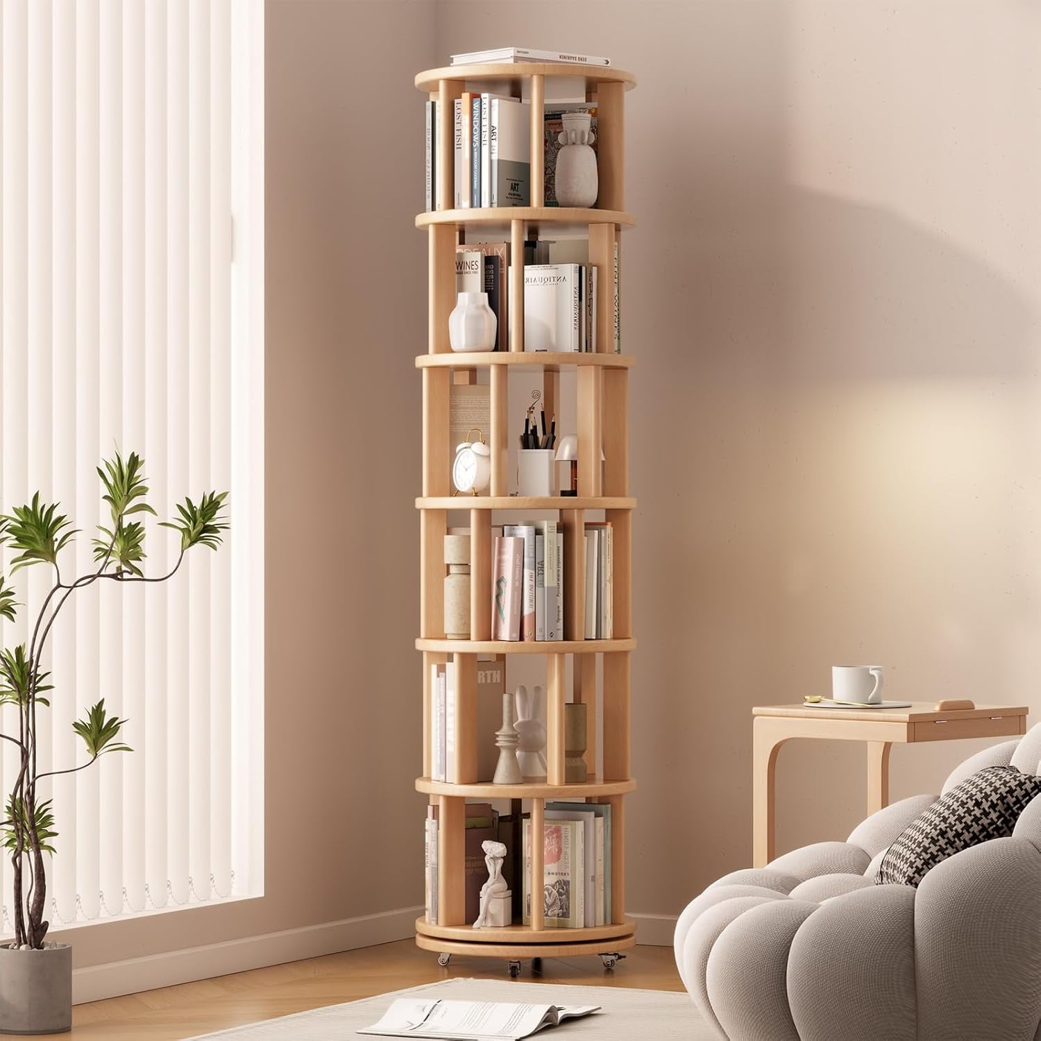 Solid Wood Rotating Bookshelf on Wheels, 6 Tier, Round Revolving ...