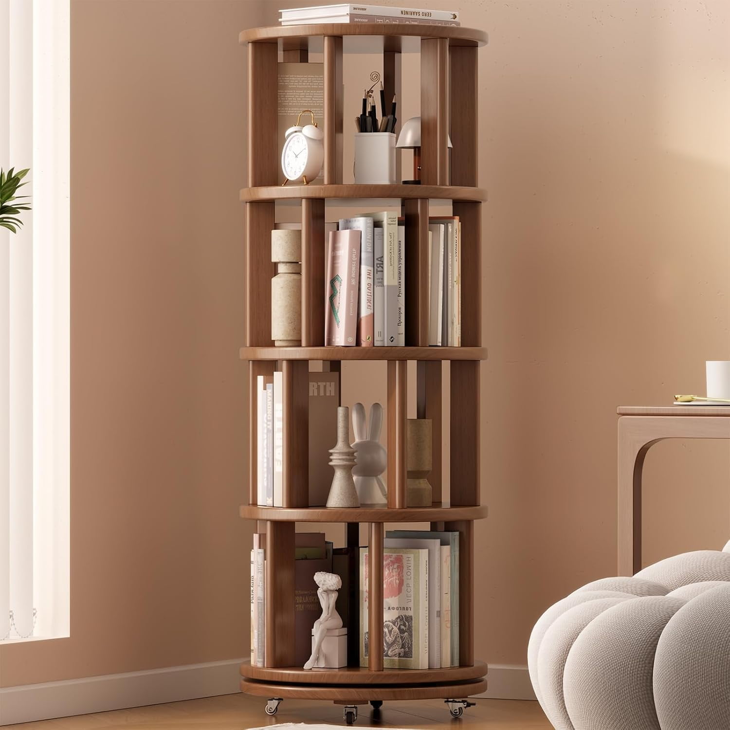 Solid Wood Rotating Bookshelf on Wheels 6 Tier Round Revolving Bookcase ...