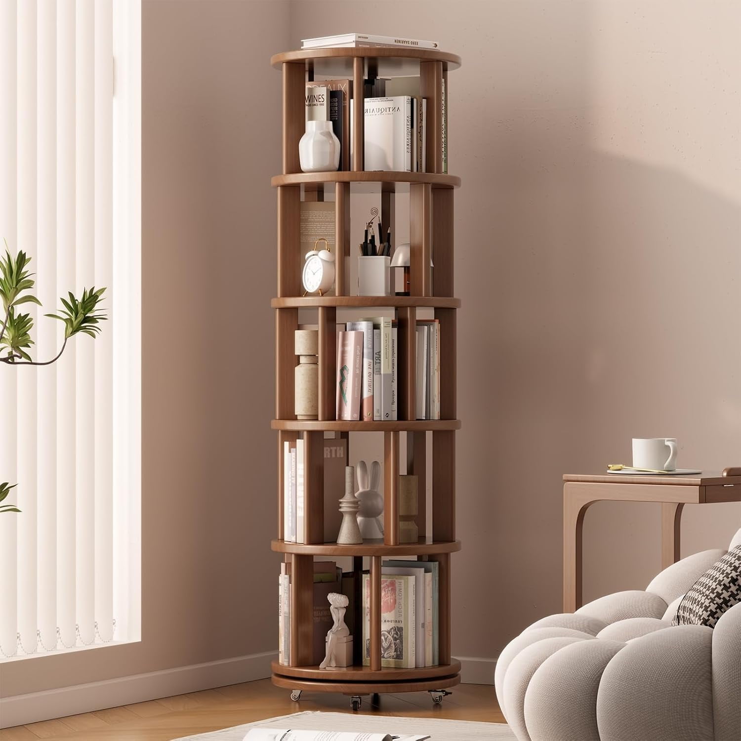 Solid Wood Rotating Bookshelf on Wheels 6 Tier Round Revolving Bookcase ...