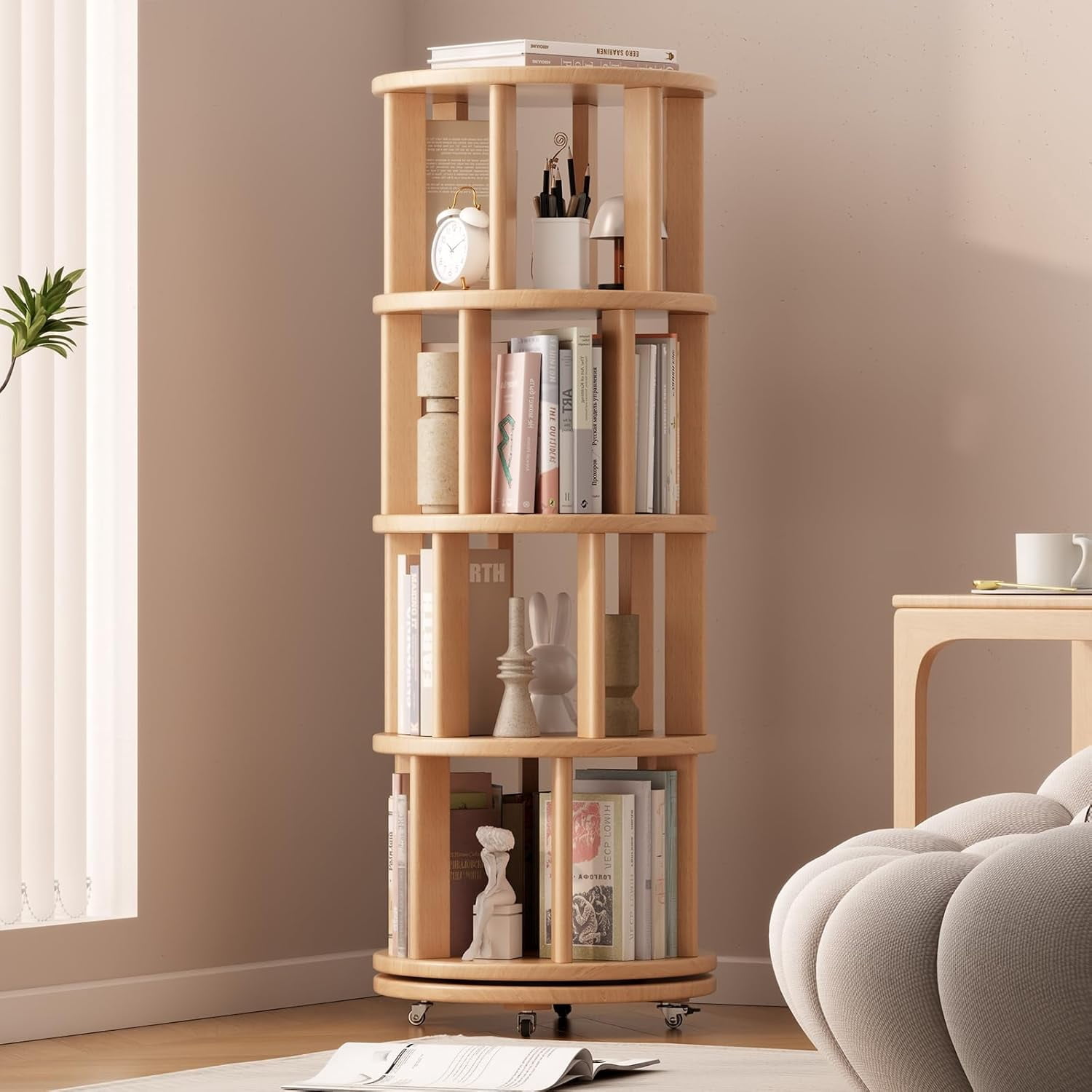 Solid Wood Rotating Bookshelf on Wheels 6 Tier Round Revolving Bookcase ...