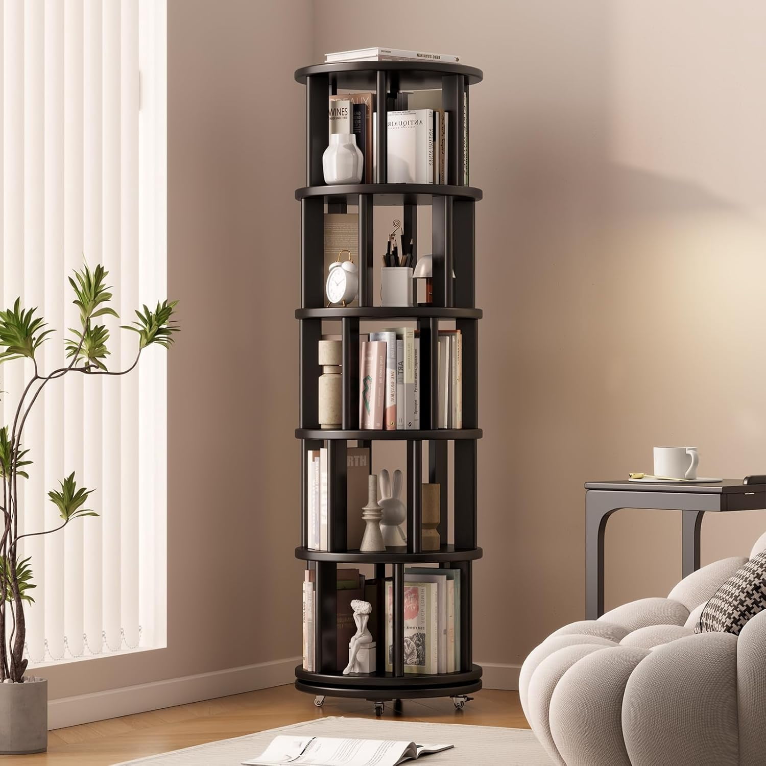 Solid Wood Rotating Bookshelf on Wheels 6 Tier Round Revolving Bookcase ...
