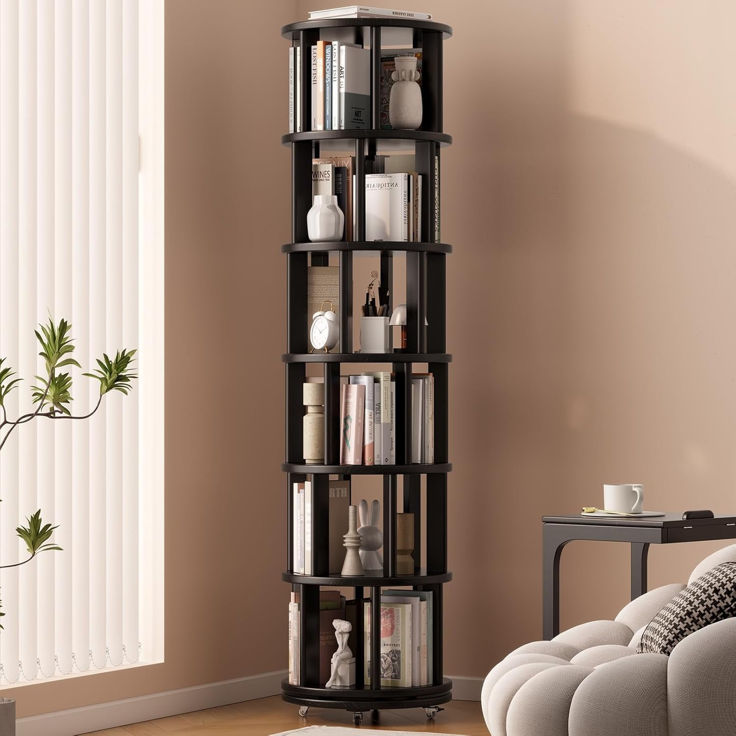 Solid Wood Rotating Bookshelf on Wheels, 6 Tier, Round Revolving ...