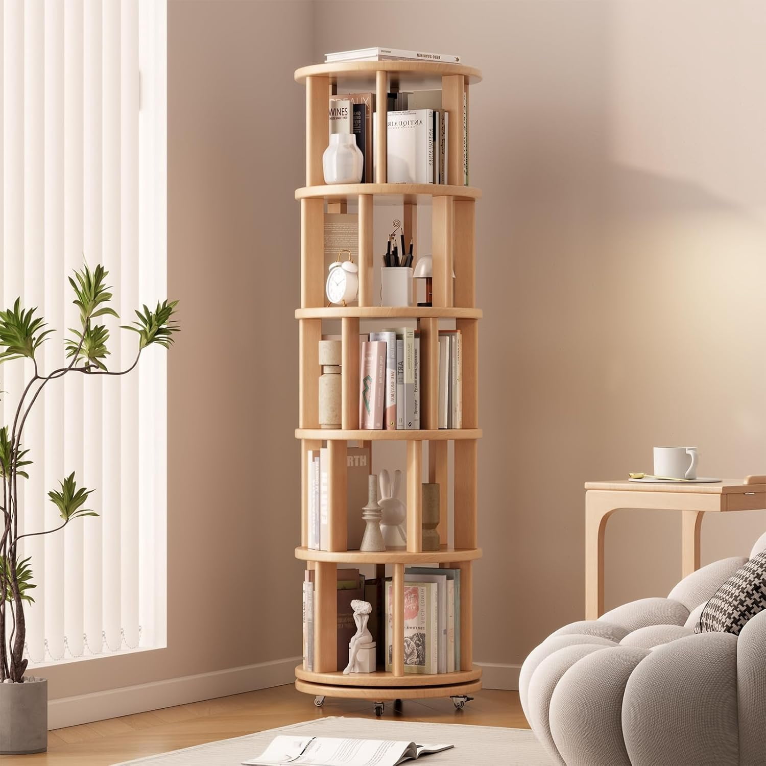 Solid Wood Rotating Bookshelf on Wheels 6 Tier Round Revolving Bookcase ...