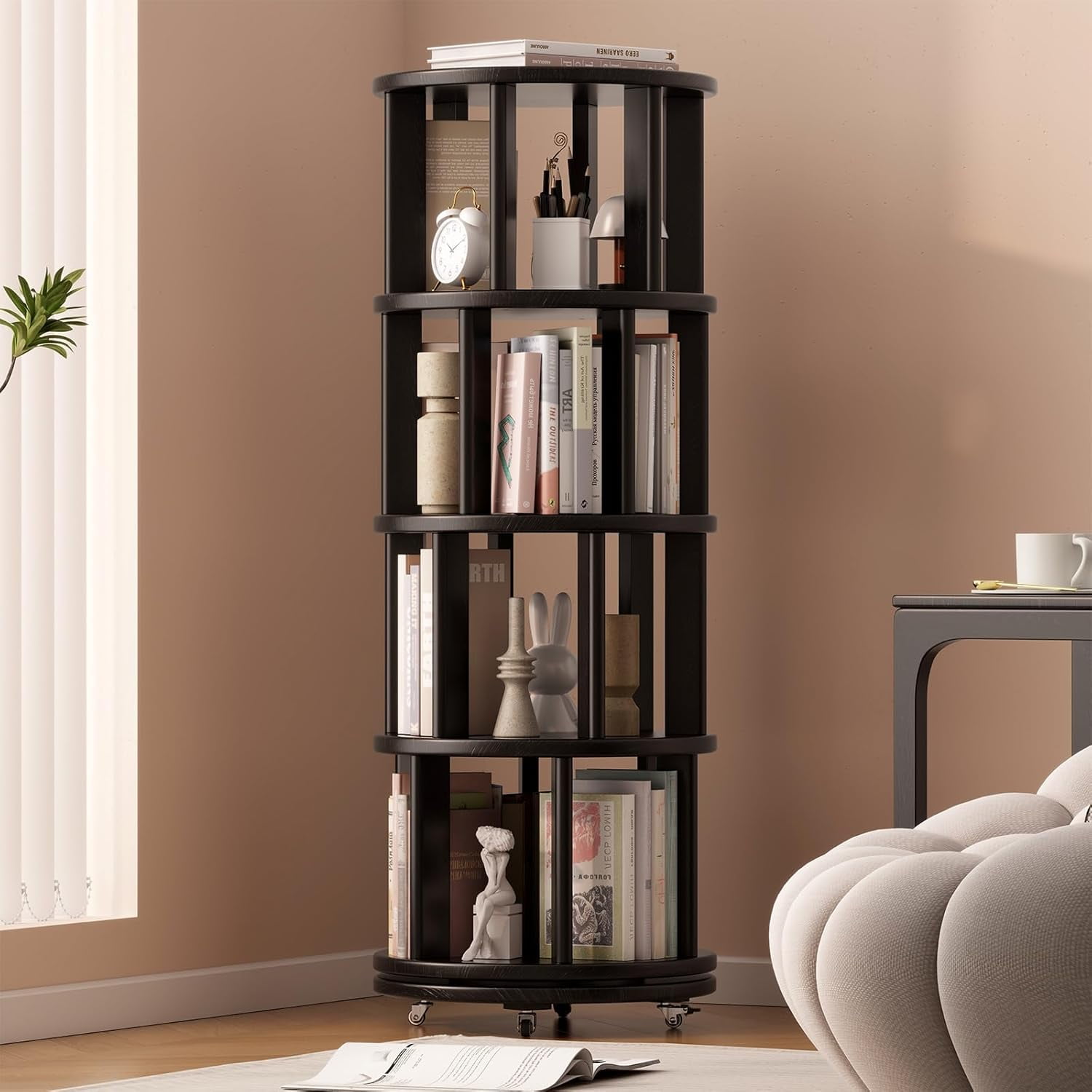 Solid Wood Rotating Bookshelf on Wheels 6 Tier Round Revolving Bookcase ...
