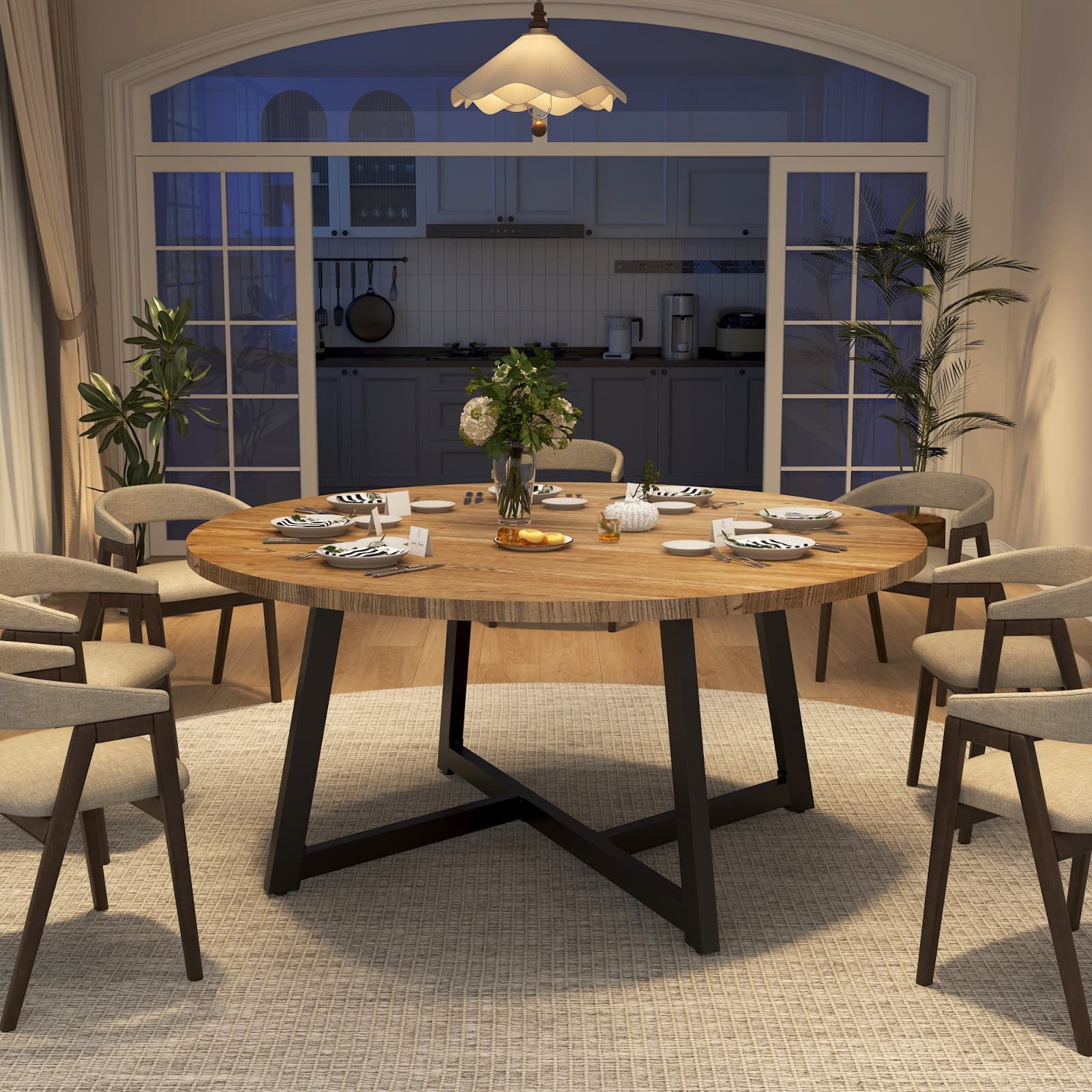 Solid Wood Round Dining Table for 6/8 Person, 59" Large Kitchen Table ...