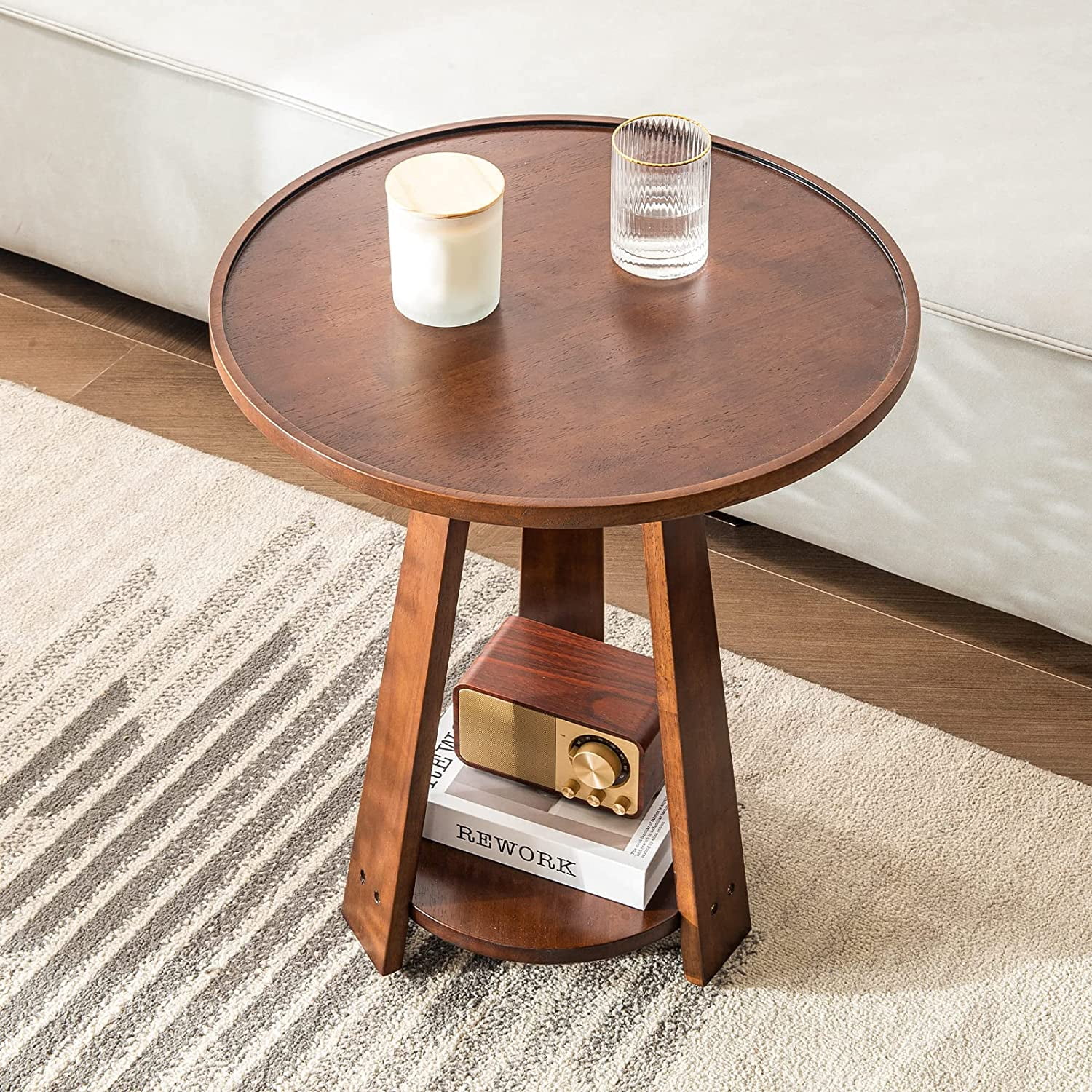 Solid Wood Round End Table, 2-tier Open Shelves for Storage, Farmhouse ...
