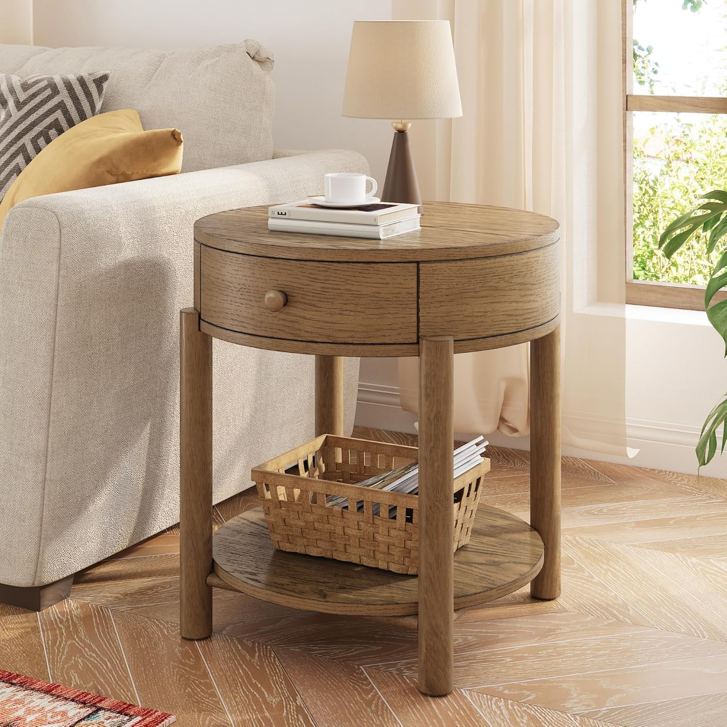 Solid Wood Round End Table with Drawer, 2-Tier Wooden Sofa Side Table ...