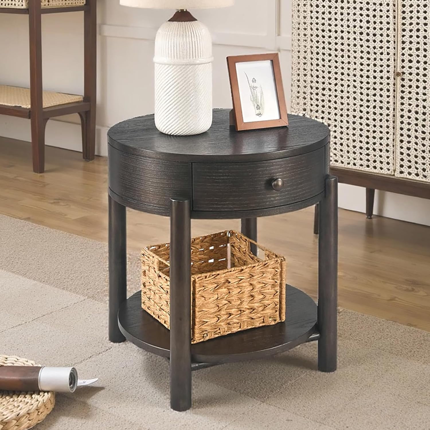 Solid Wood Round End Table with Drawer, 2-Tier Wooden Sofa Side Table ...