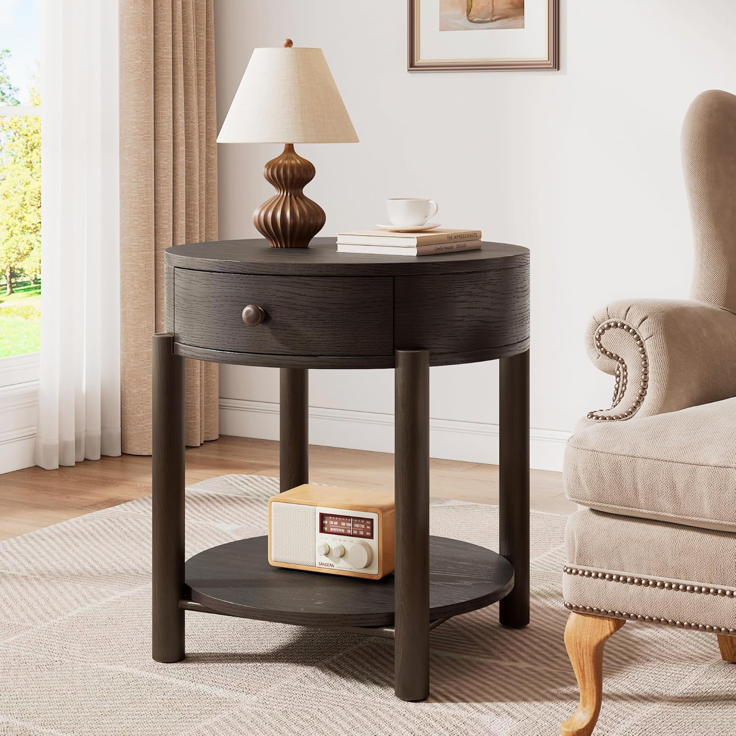 Solid Wood Round End Table with Drawer, 2-Tier Wooden Sofa Side Table ...