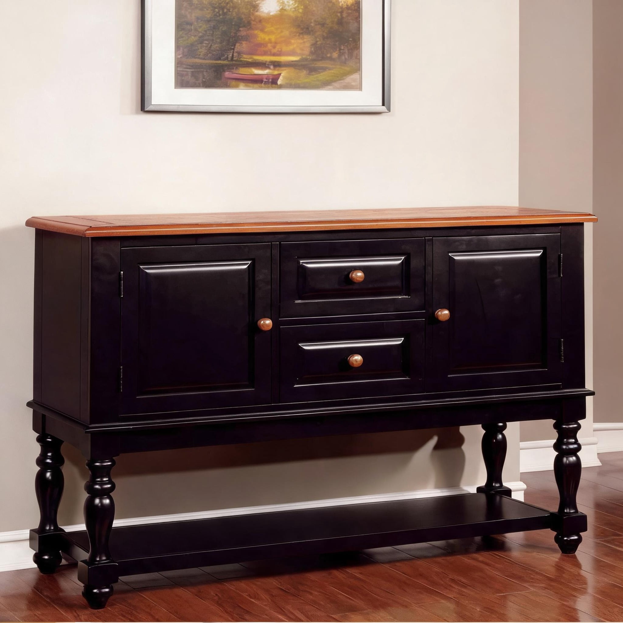 Solid Wood Server with Matte Black and Antique Oak Finish, Turned Legs ...