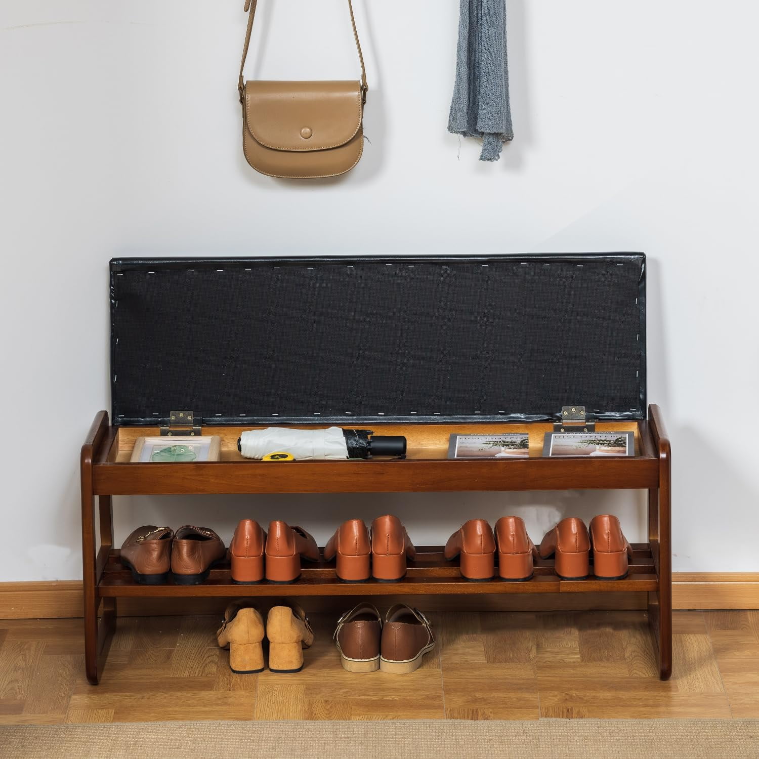 Solid Wood Shoe Bench, 2-Tier Entryway Bench with Cushion and Flip-Open ...