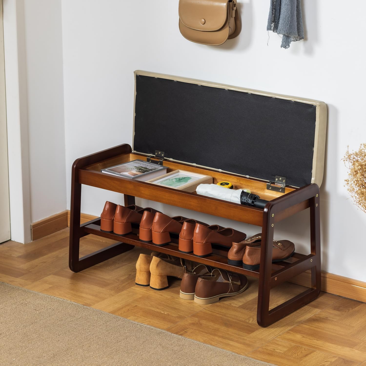 Solid Wood Shoe Bench, 2-Tier Entryway Bench with Cushion and Flip-Open ...