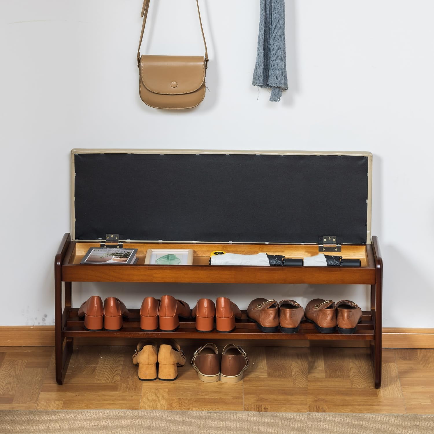 Solid Wood Shoe Bench, 2-Tier Entryway Bench with Cushion and Flip-Open ...