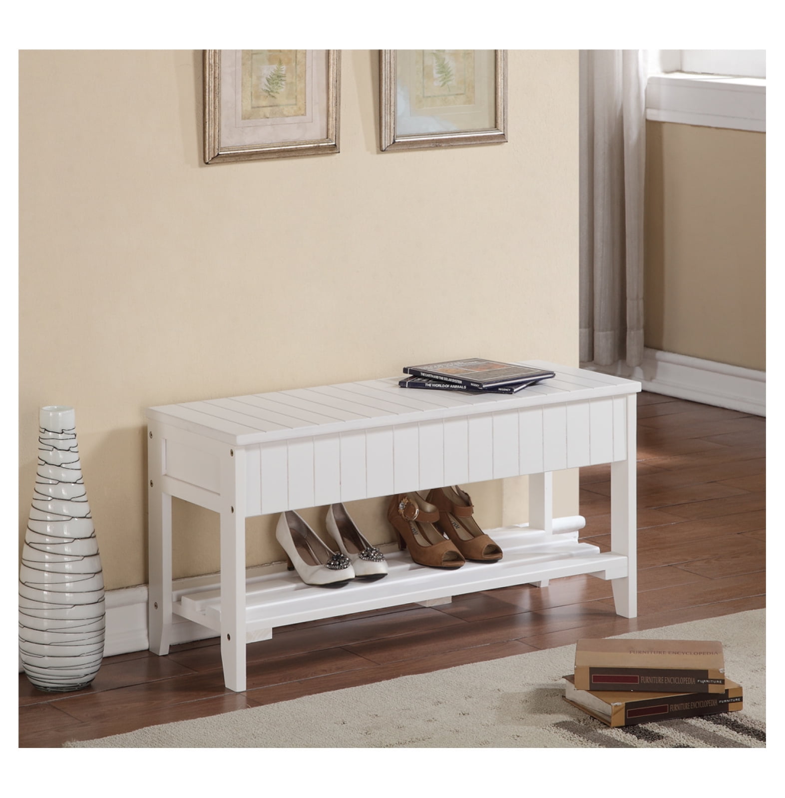 Solid Wood Shoe Bench with Storage, White - Entryway Organizer, 35.5"L ...