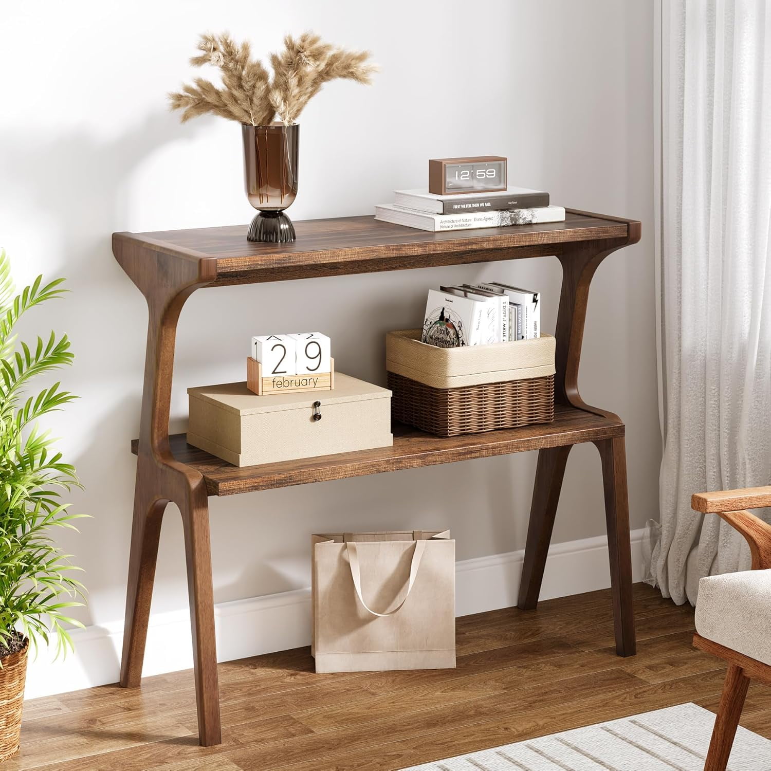 Solid Wood Side Table, 2-Tier Farmhouse Couch Side Table, Rustic Slim ...
