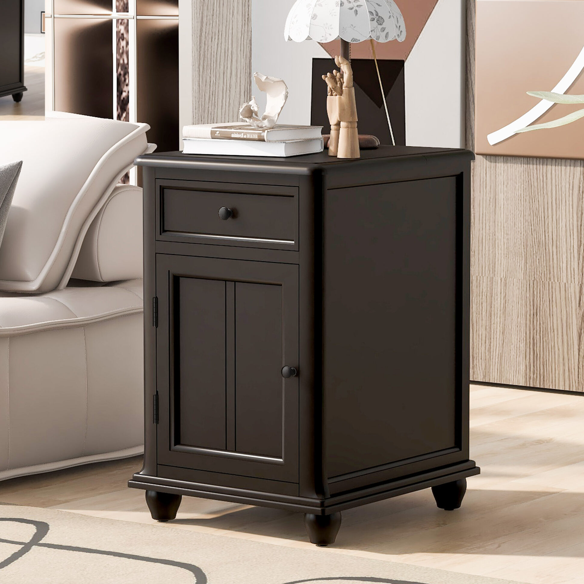 Solid Wood Side Table, End Table with USB Ports, 1 Storage Cabinet and ...
