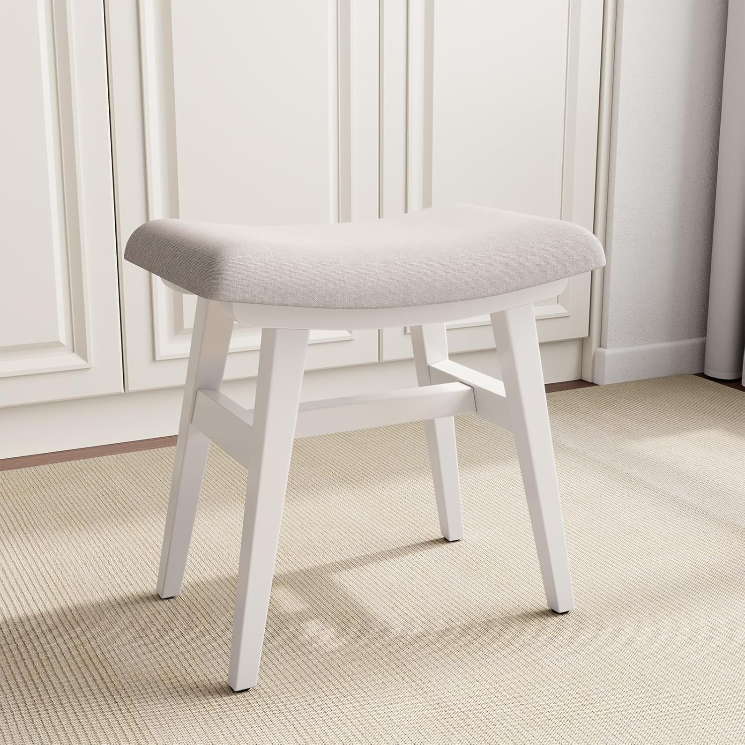 Solid Wood Small Vanity Stool, Compact Makeup Chair with Saddle Cushion ...