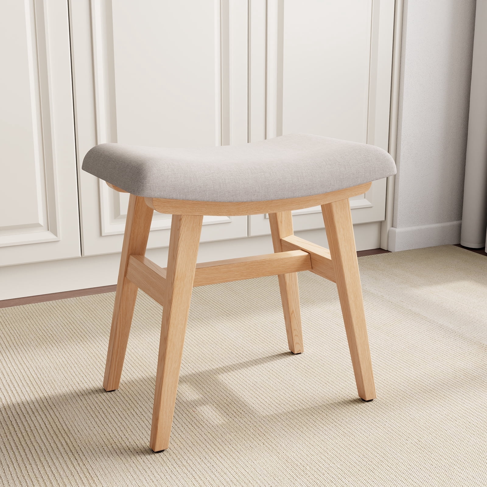 Solid Wood Small Vanity Stool with Saddle Cushion, Upholstered Compact ...