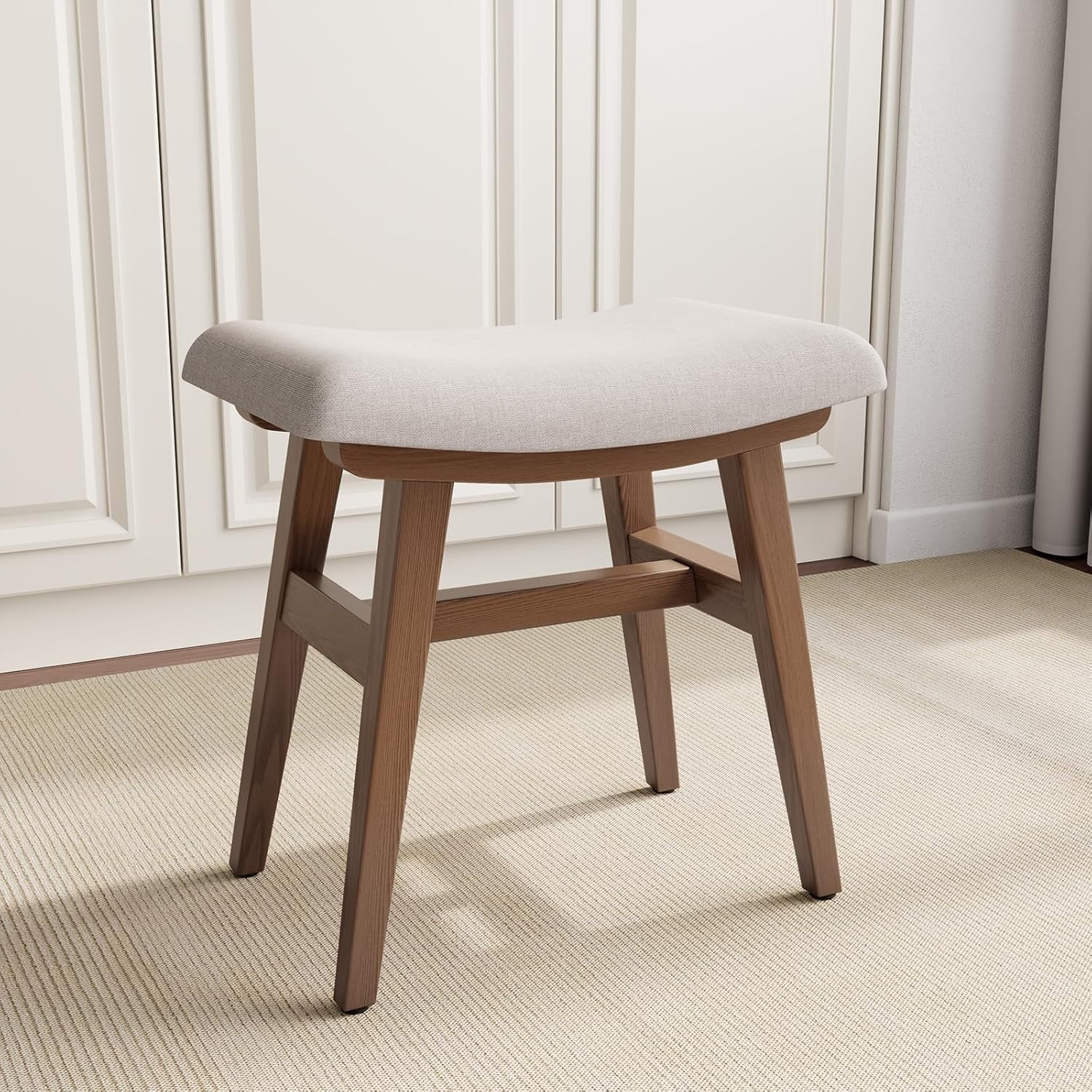 Solid Wood Small Vanity Stool with Saddle Cushion, High-Rebound Sponge ...