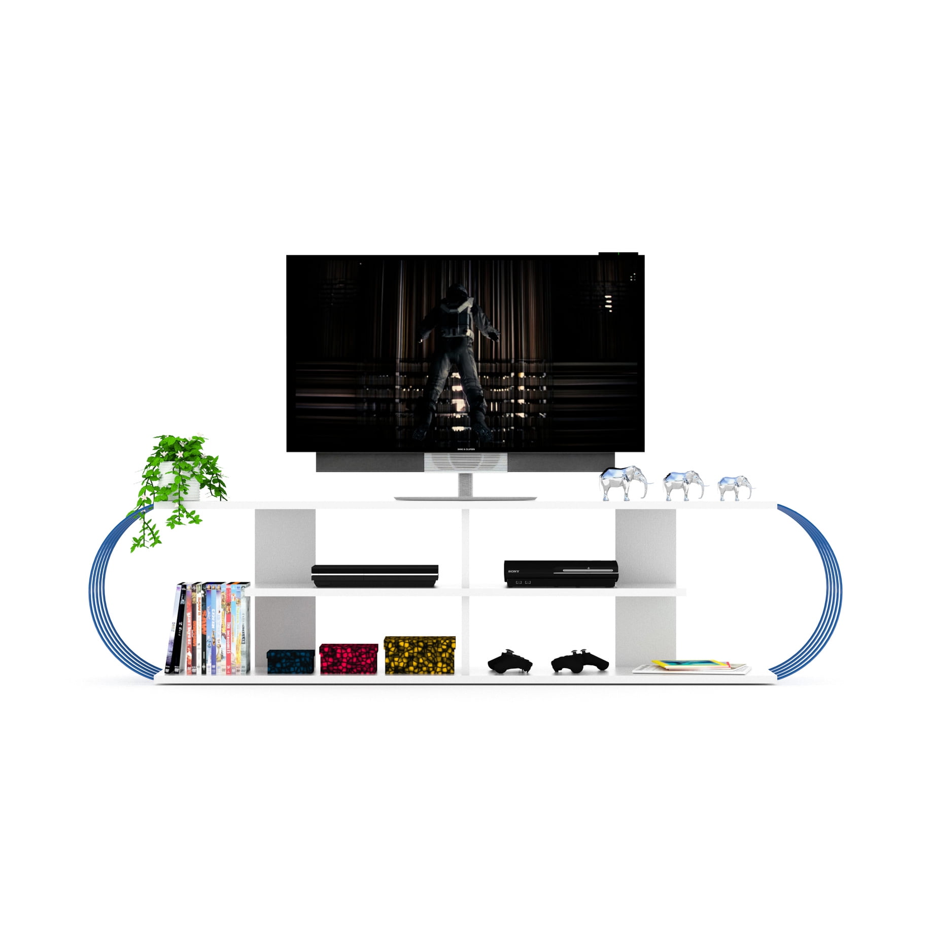 Solid Wood Structure - Multiple Shelves - Library with TV - White/Blue ...