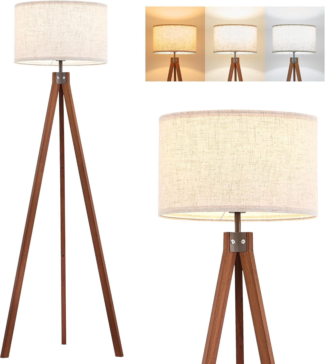 Solid Wood Tripod Floor Lamp with 3 Color Temperatures LED Bulb, Mid ...