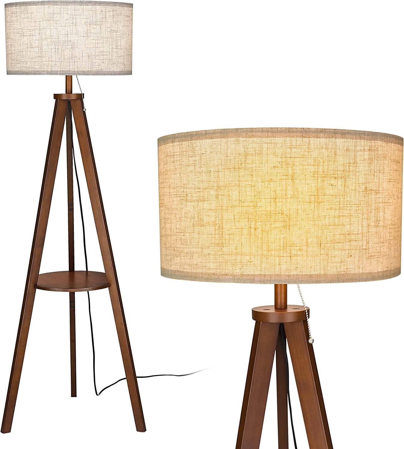 Solid Wood Tripod Floor Lamp, Tall Standing Light with Table, Mid ...