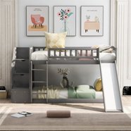 White Twin-Twin Wooden Bunk Bed: Slide, Under-bed Drawers, Guardrails ...