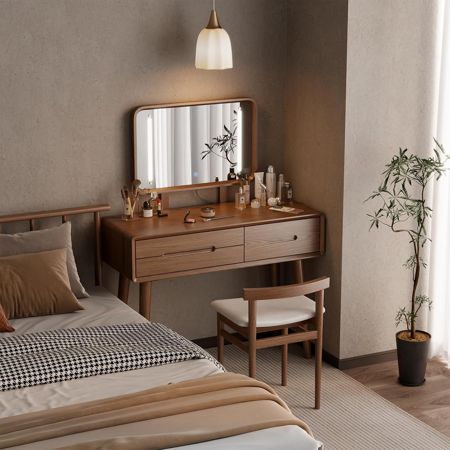 Solid Wood Vanity Desk with Mirror and Lights,Adjustable Height and ...