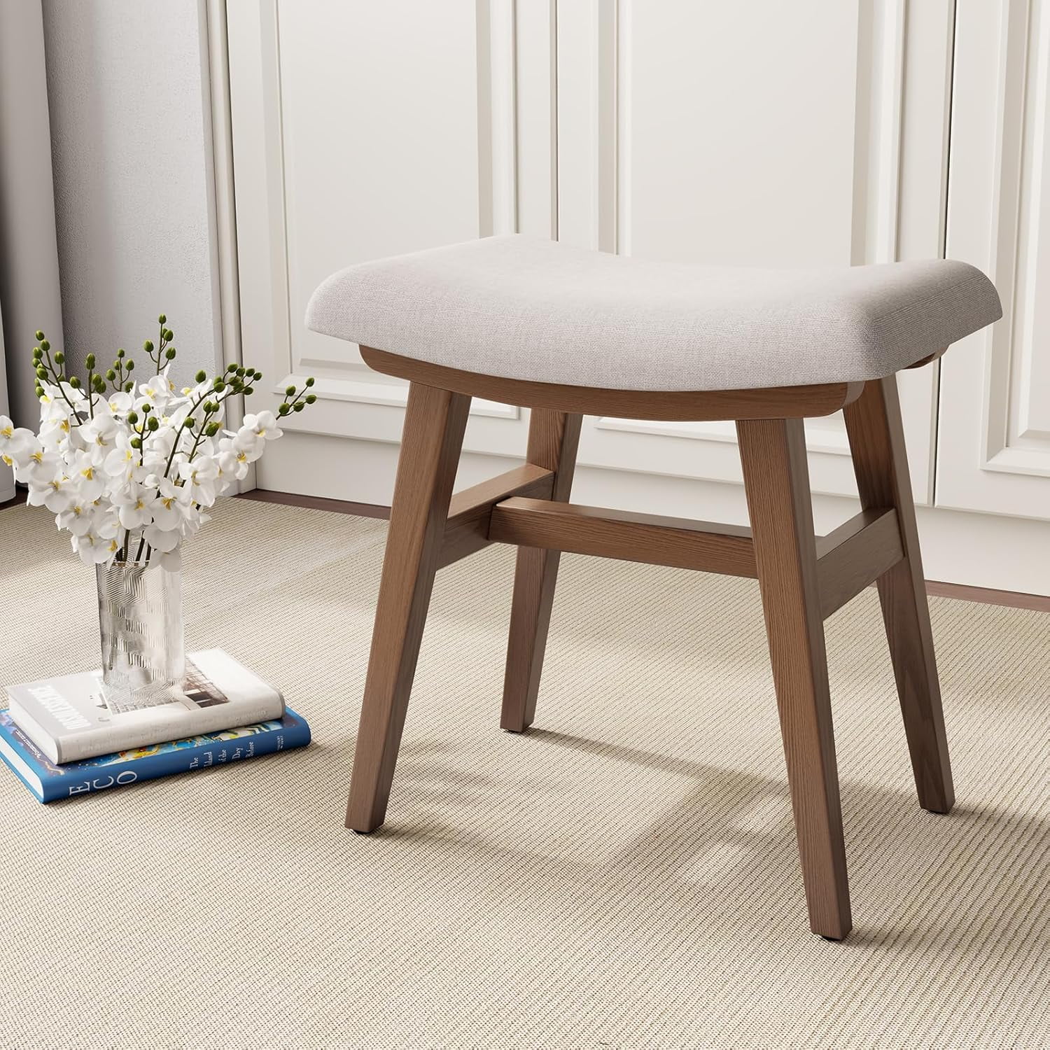 Solid Wood Vanity Stool, Saddle Cushion Vanity Bench with High-Strength ...