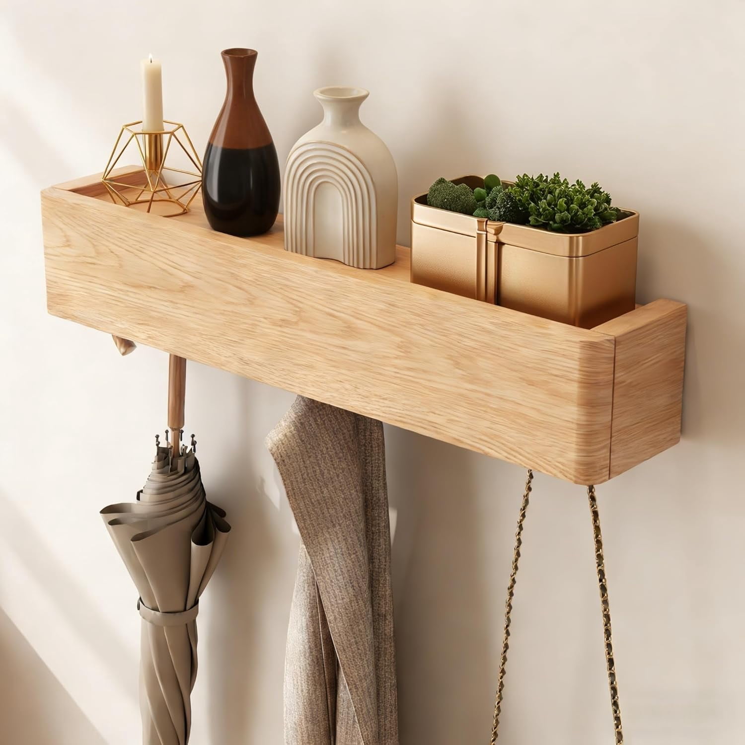 Solid Wood Wall Mounted Coat Rack with Shelf and 5 Hidden Hooks, Modern ...
