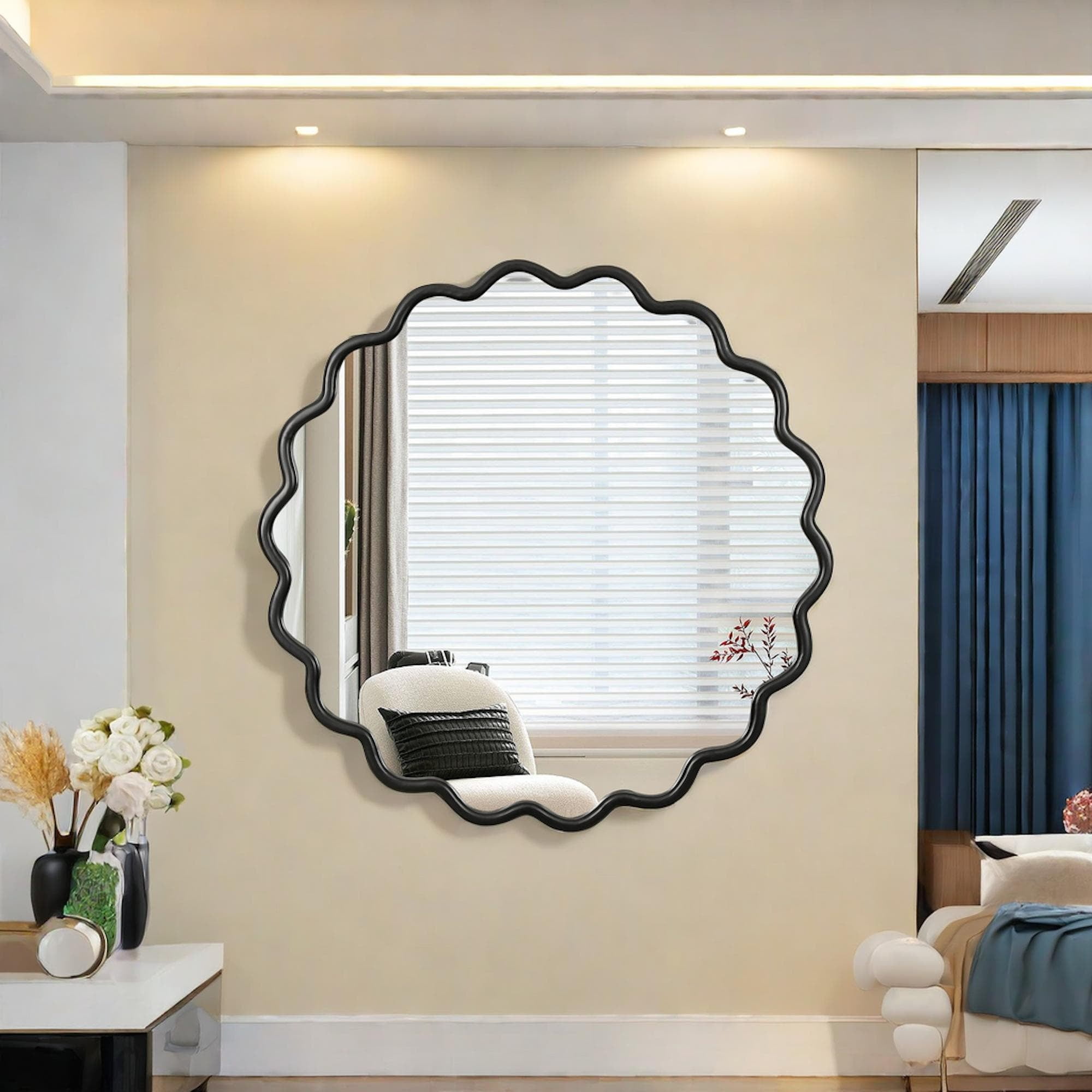Solid Wood Wavy Mirror Vanity Mirror Wall Decor 42" x 42" Modern Mirror ...