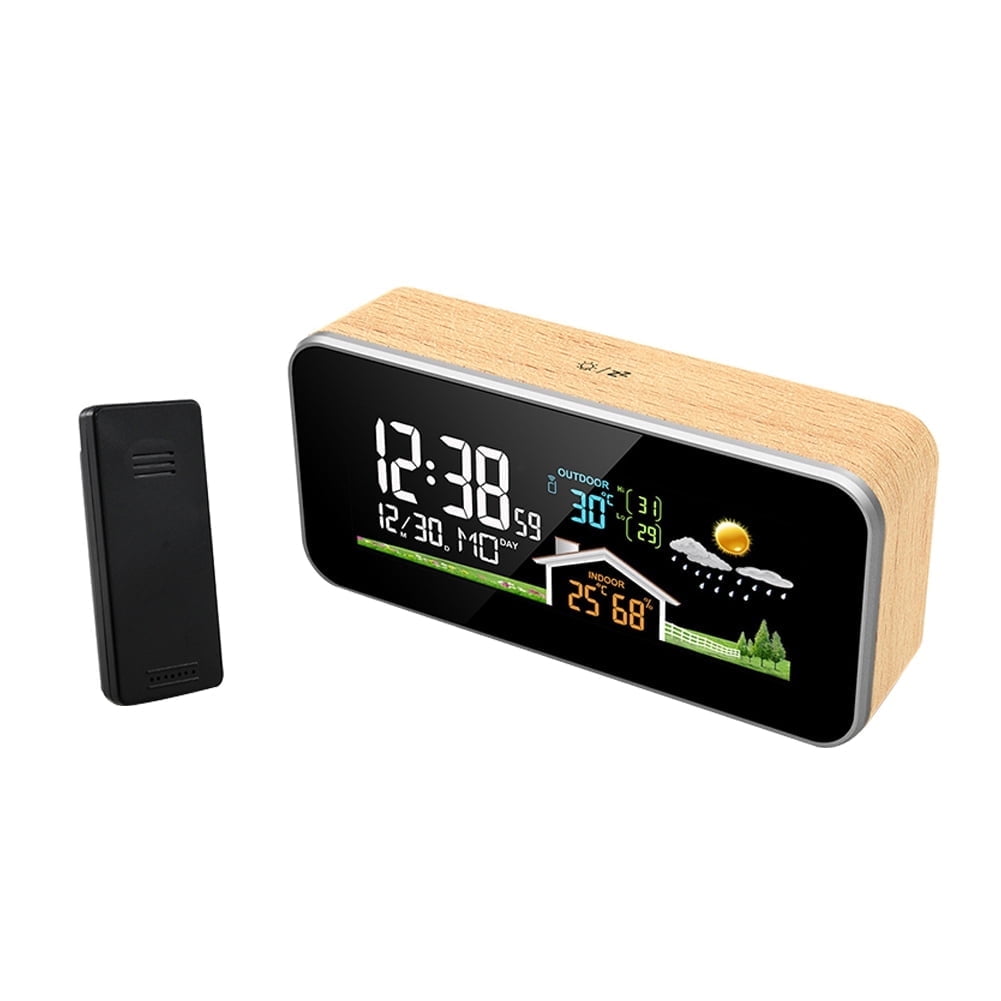 ITIGOITIE Solid Beech Wood Weather Station Alarm Clock with Wireless ...