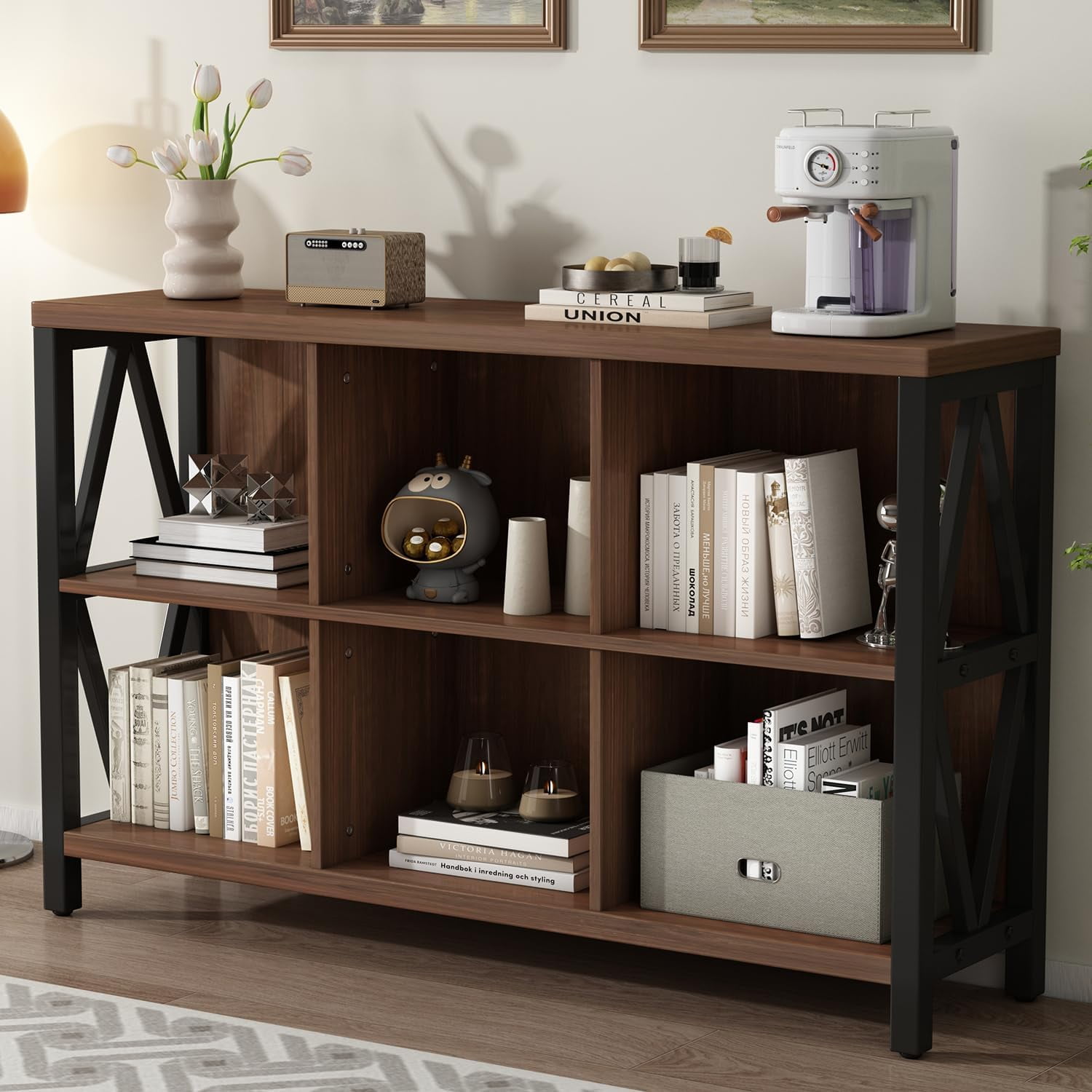 Solid Wood and Long Wood and Metal Cubby Bookcase, 6 Cube Storage ...