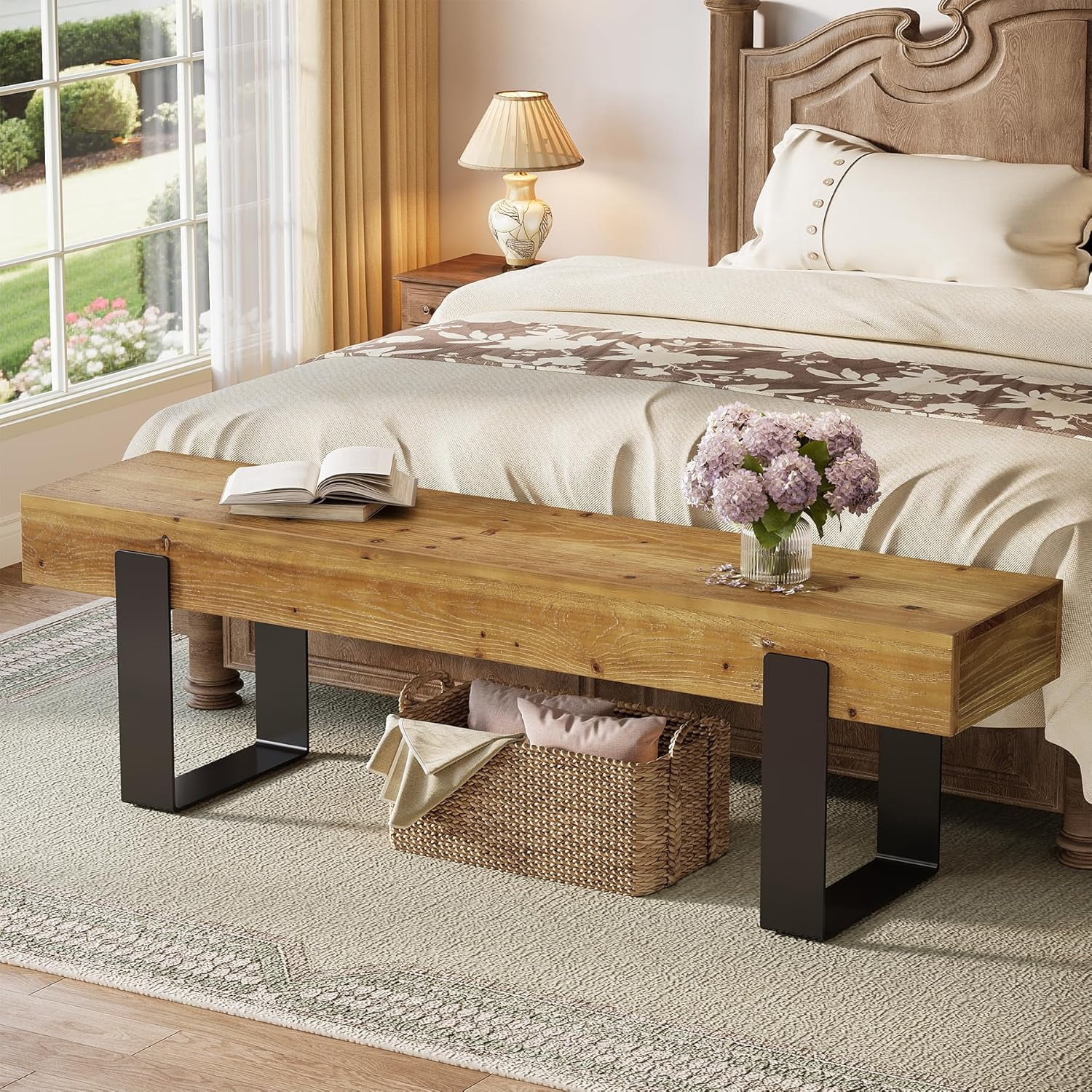 Solid Wooden Bed Bench, 63" Entryway Bench for Indoor Space, Farmhouse ...