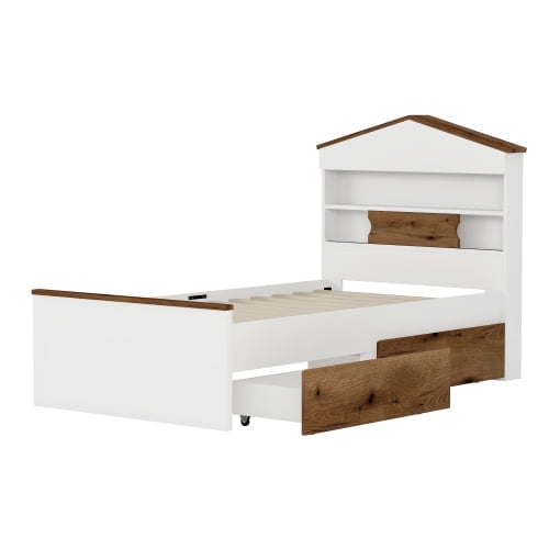 Solid and Stable Twin Size House-Shaped Wooden Bed with Storage Shelf ...
