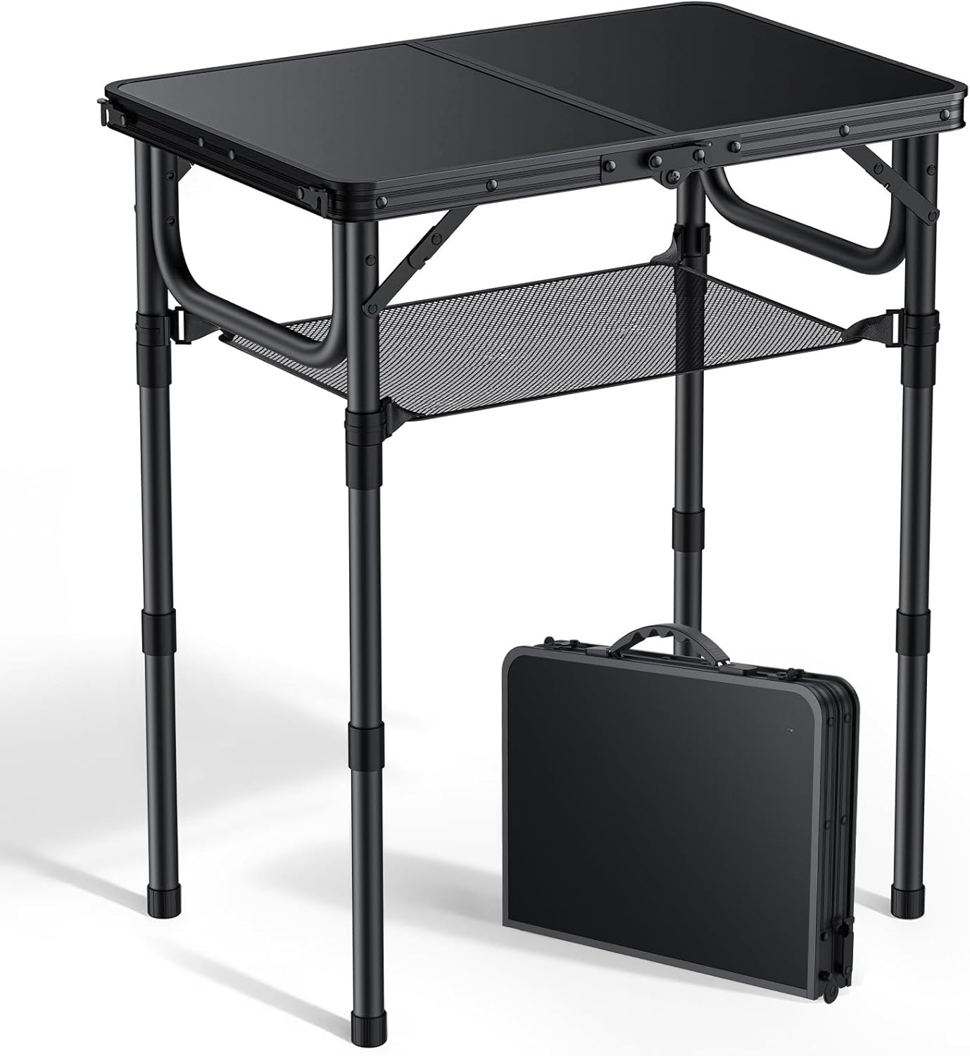 Folding Table with Storage Net, Solid Black Aluminum 2-Foot Picnic ...