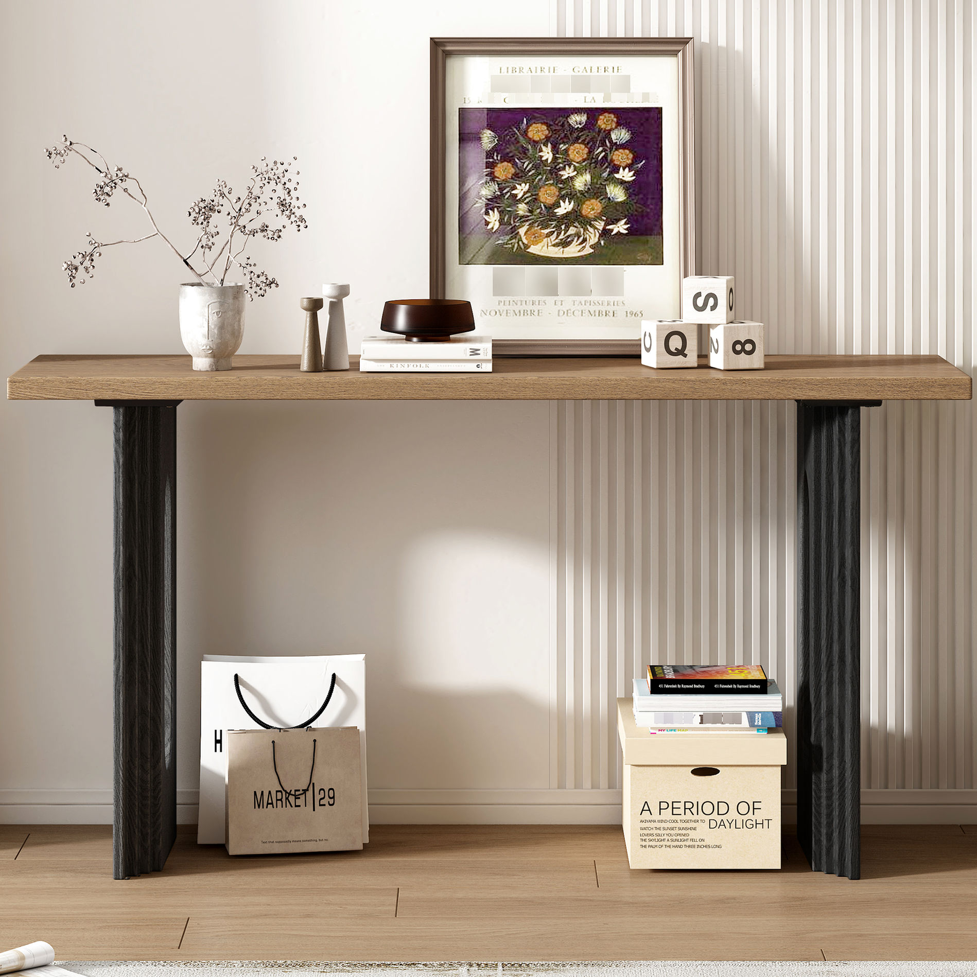 Solid wood veneer console table with unique round hollow legs for foyer ...