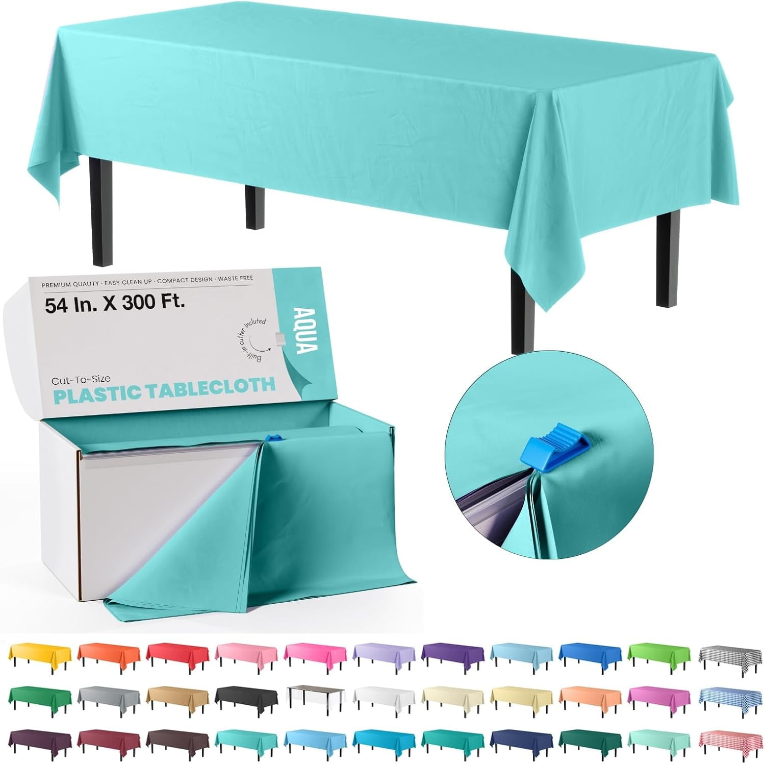 Solids 54 Inch X 300 Feet Aqua Plastic Table Cover Roll in A Cut - to - Size Box with Convenient ...