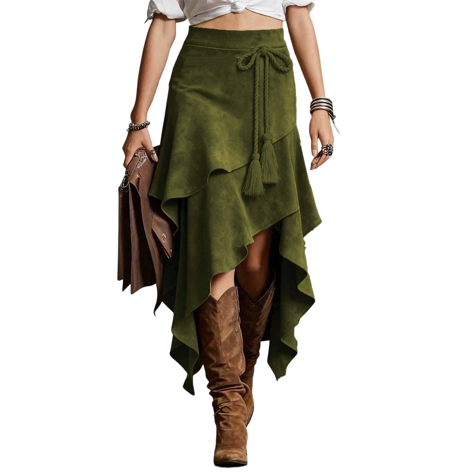 Solids Color Retro Western Fringe Skirt High Waist Asymmetric Design ...