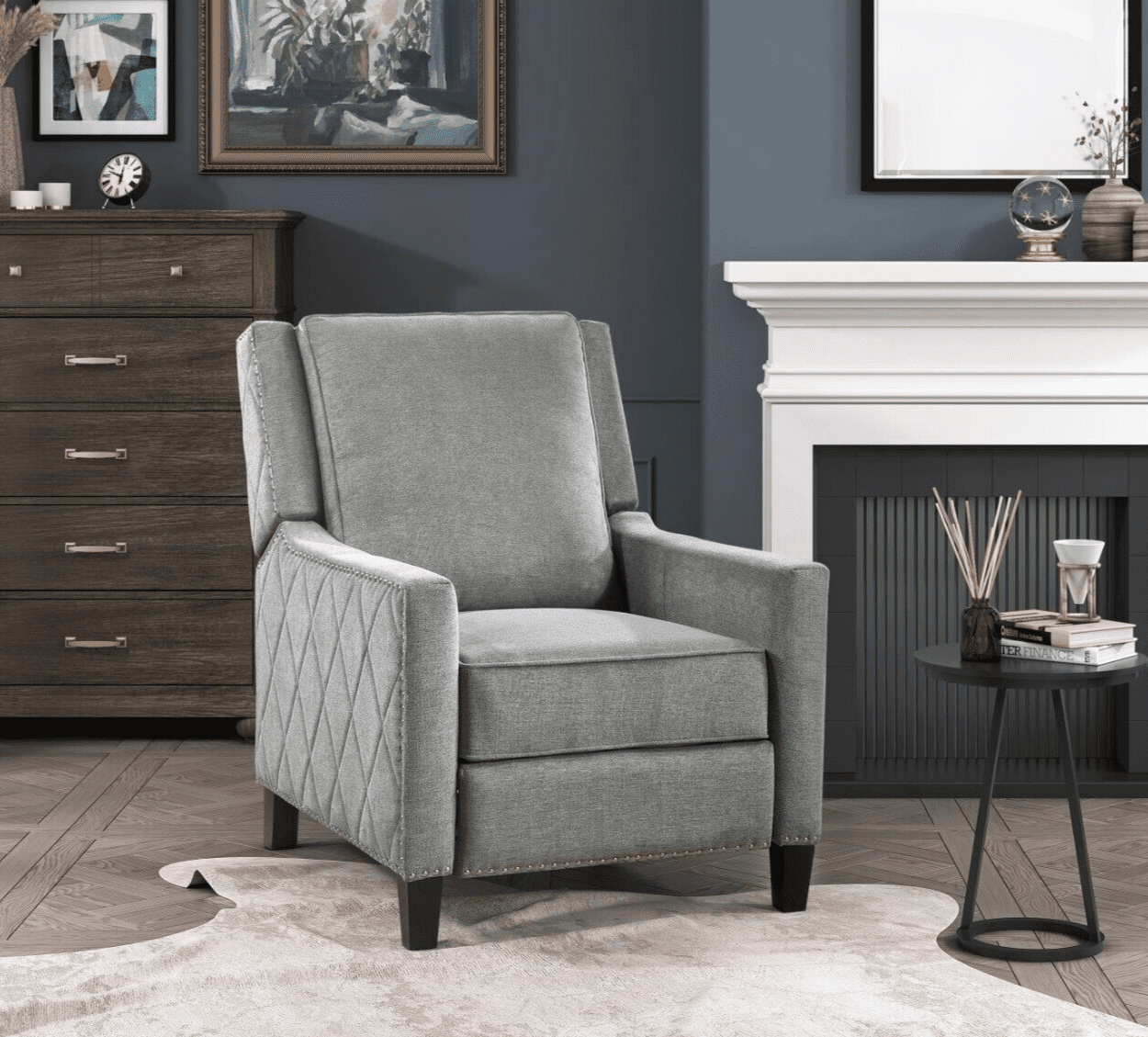 Solidwood Push Back Self Reclining Chair 1pc Gray Textured Fabric ...