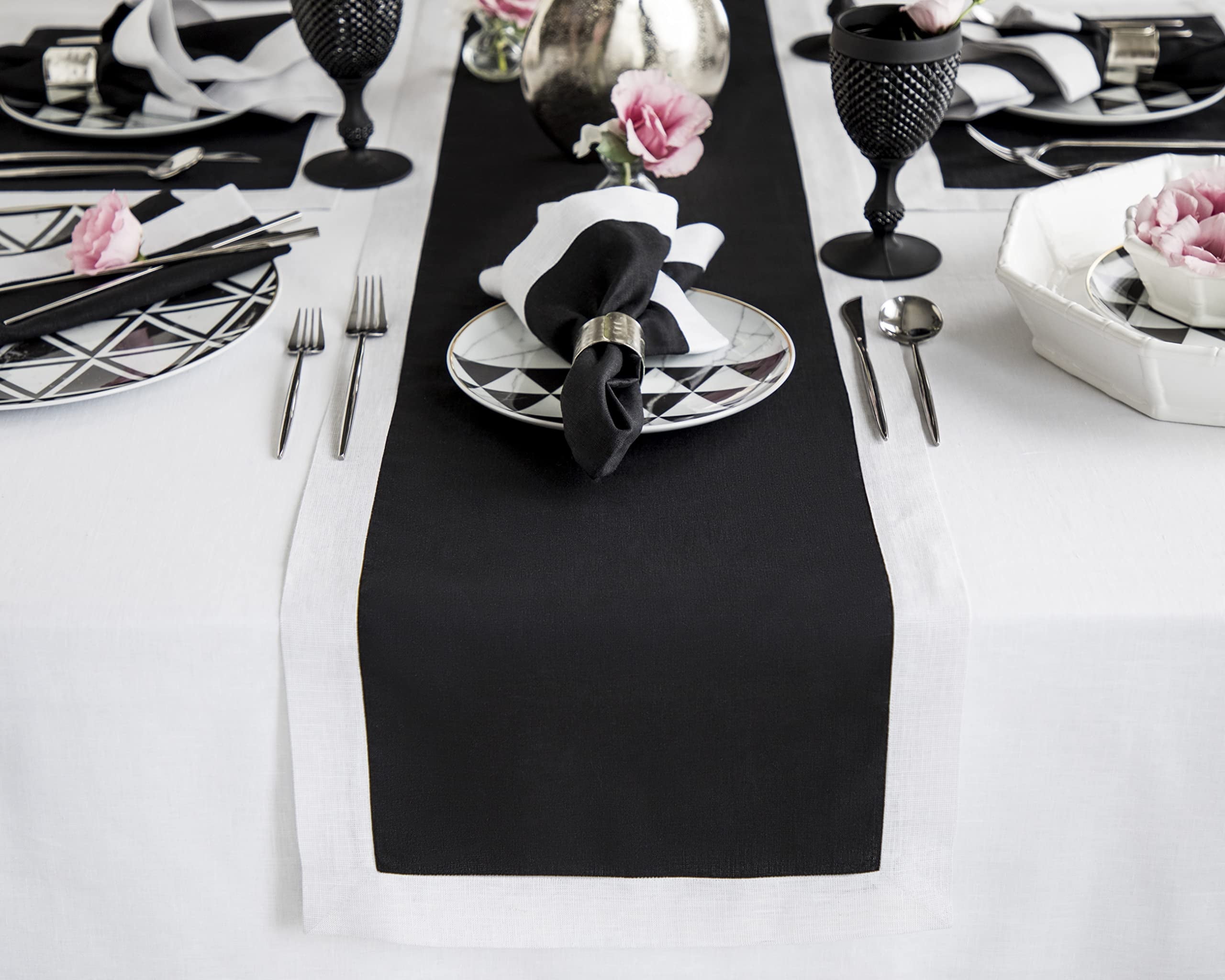 Solino Home Linen Table Runner 60 Inch - Black/Silver Shimmer Border ...