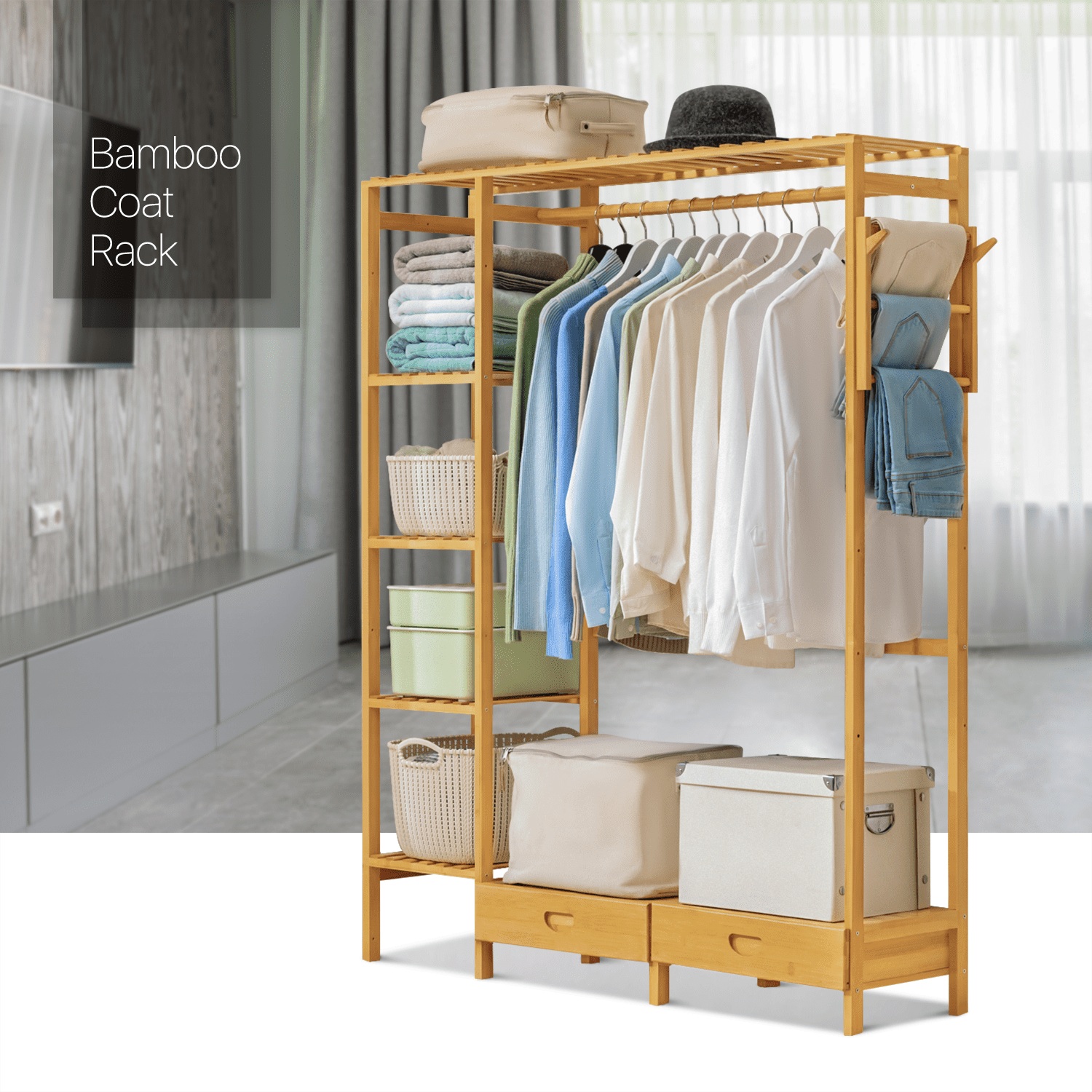 Solirest Bamboo Clothing Garment Rack,Free Standing Clothes Coat Hanger ...
