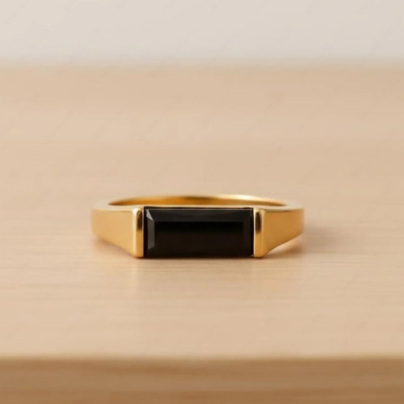 Solitaire Baguette Cut Black Onyx Engagement Ring, Signet Band Ring ...