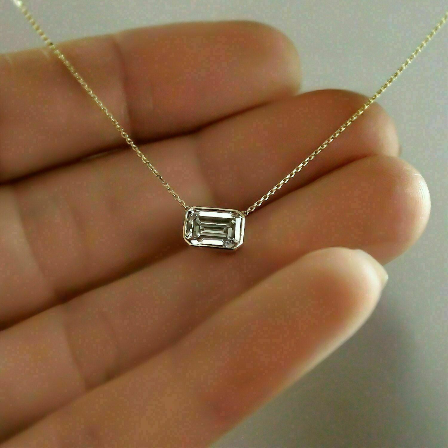 Solitaire Emerald Cut White Diamond Pendant Necklace 14k Yellow Gold ...