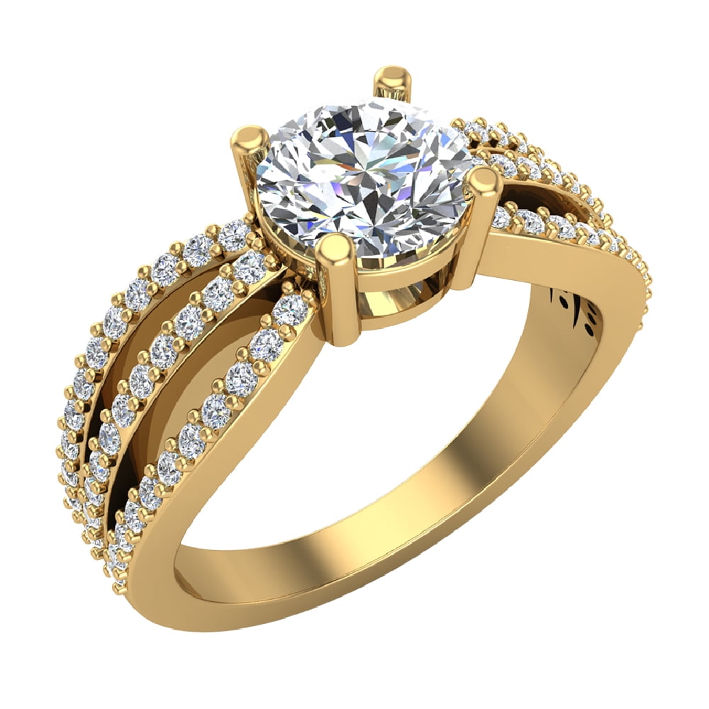 Solitaire Round Brilliant Diamond 3 Row Split Shank Engagement Ring 1. ...