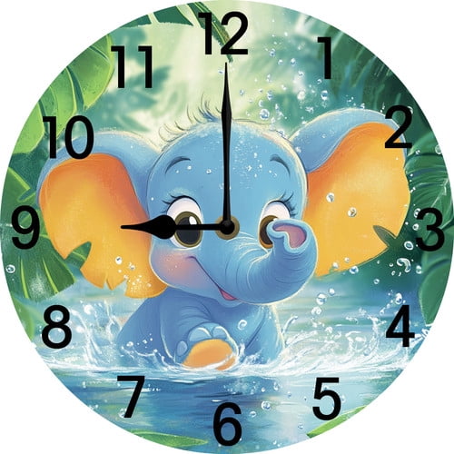 Soliyoahee Cartoon Elephant Children's Clock 10inch Round Circular Wall ...
